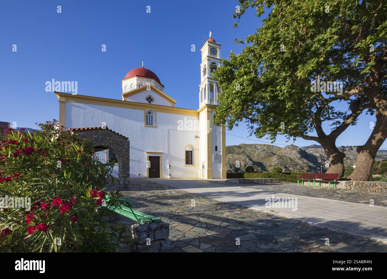 Mountain village of Lakkoi with Agios Antonios church, Crete, Greece ...