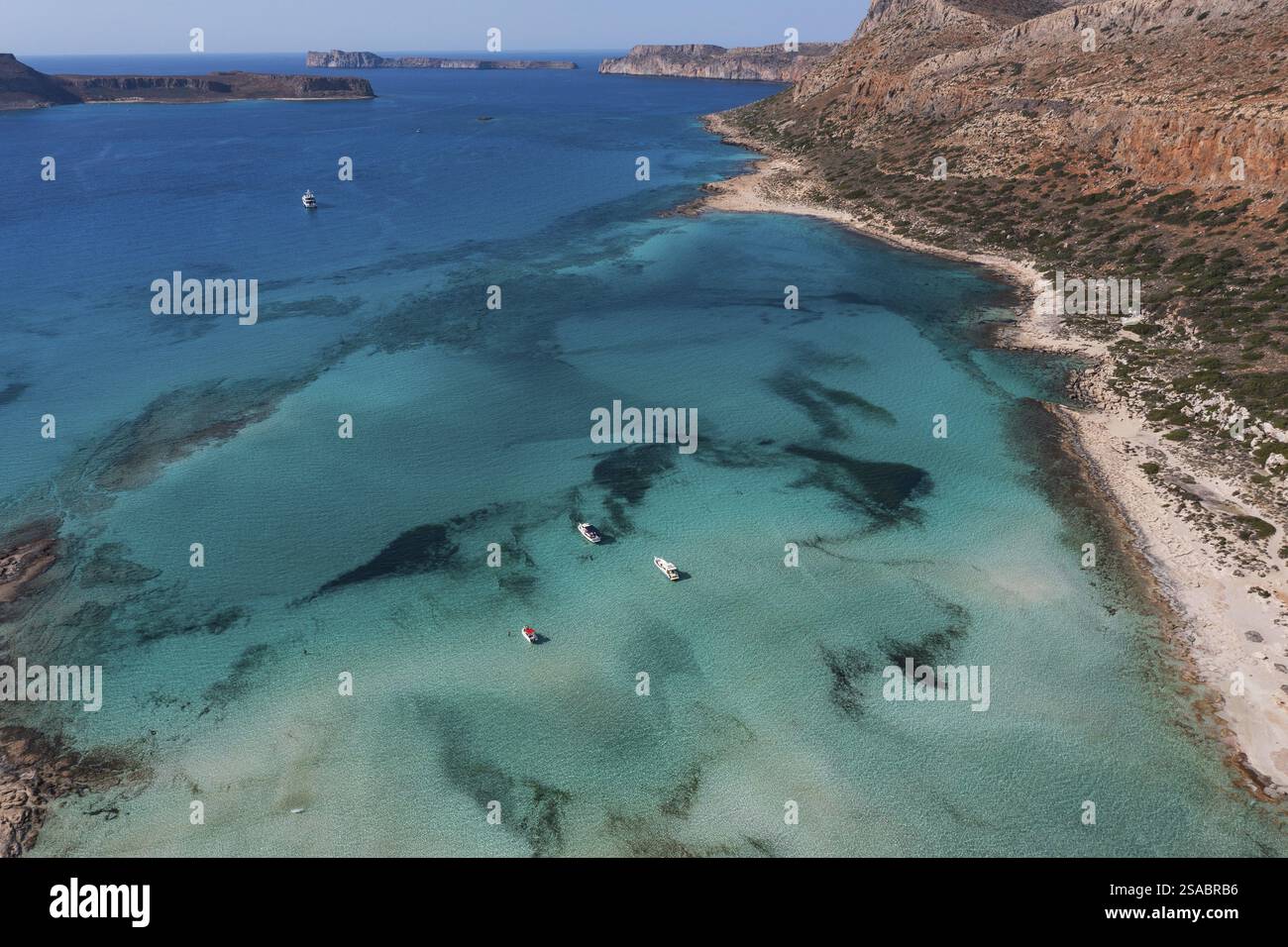 Drone shot, beach and bay of Balos, Gramvousa peninsula, Kolimbari ...
