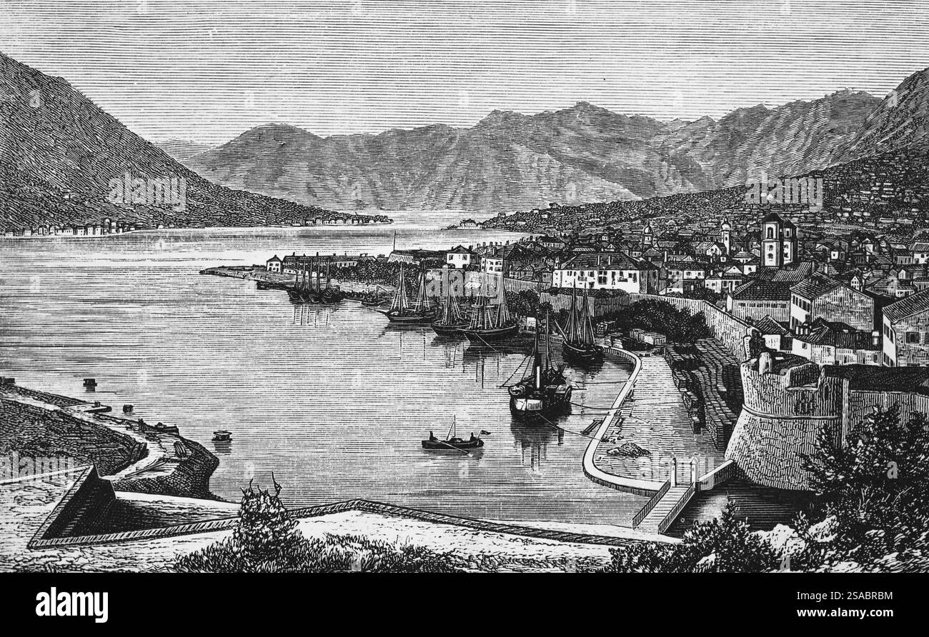 Old town of Kotor or Cattaro in the Bay of Kotor, city wall with round ...