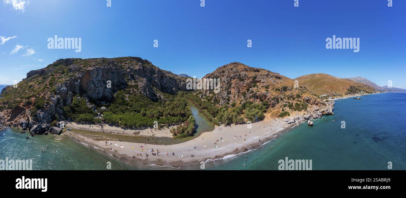Drone shot, Preveli Beach at the end of the Kourtaliatiko Gorge, south ...