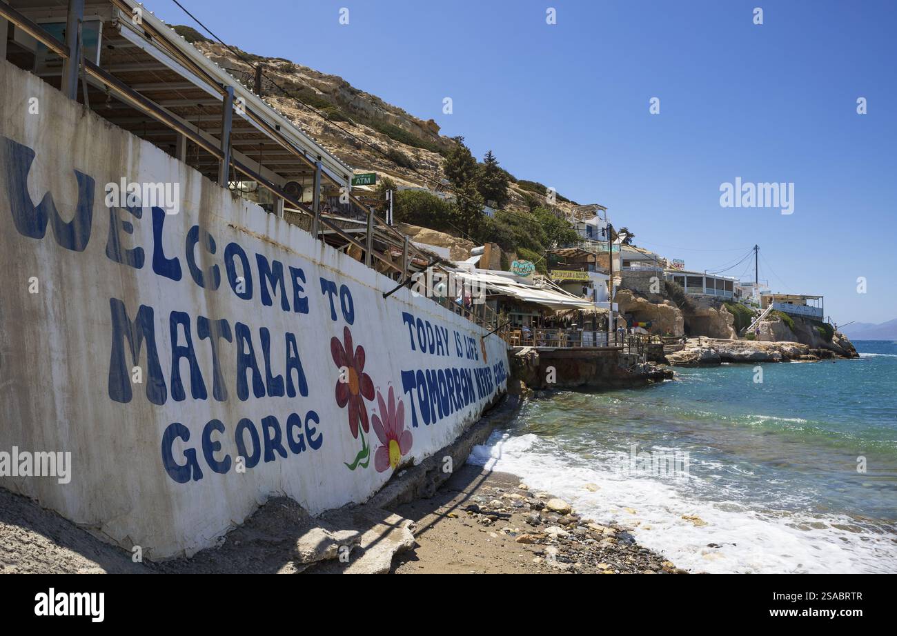 Hippie motto on the beach of Matala, south coast, Crete, Greece, Europe ...