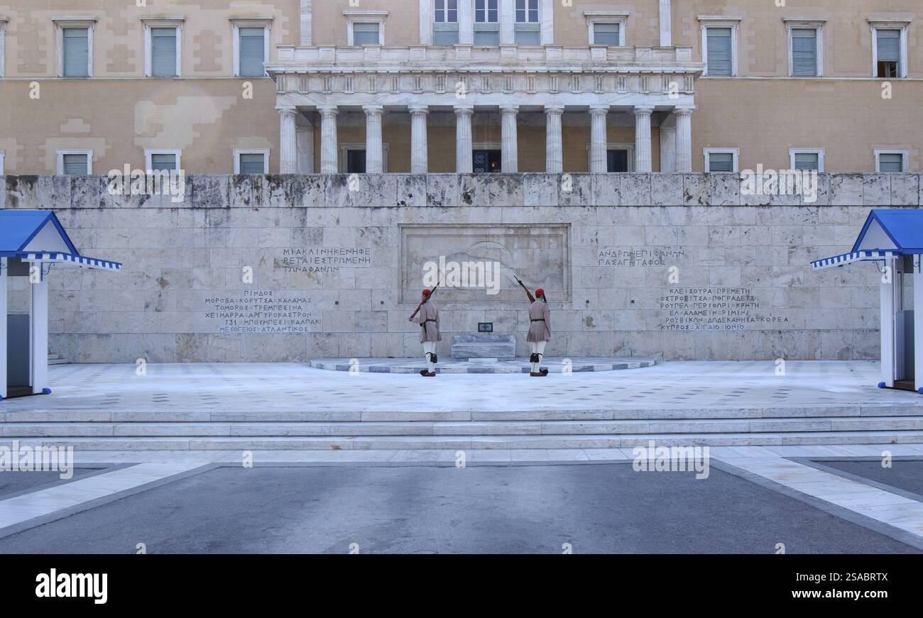 Evzones at the changing of the guard at the Tomb of the Unknown Soldier in front of the ...