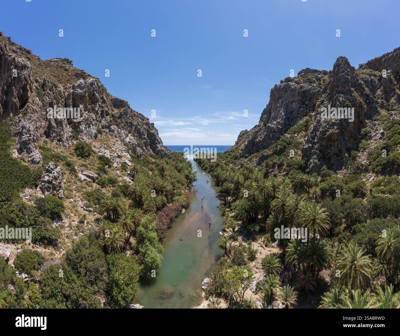 Drone shot, Preveli Beach, Kourtaliatiko Gorge with palm grove, south ...
