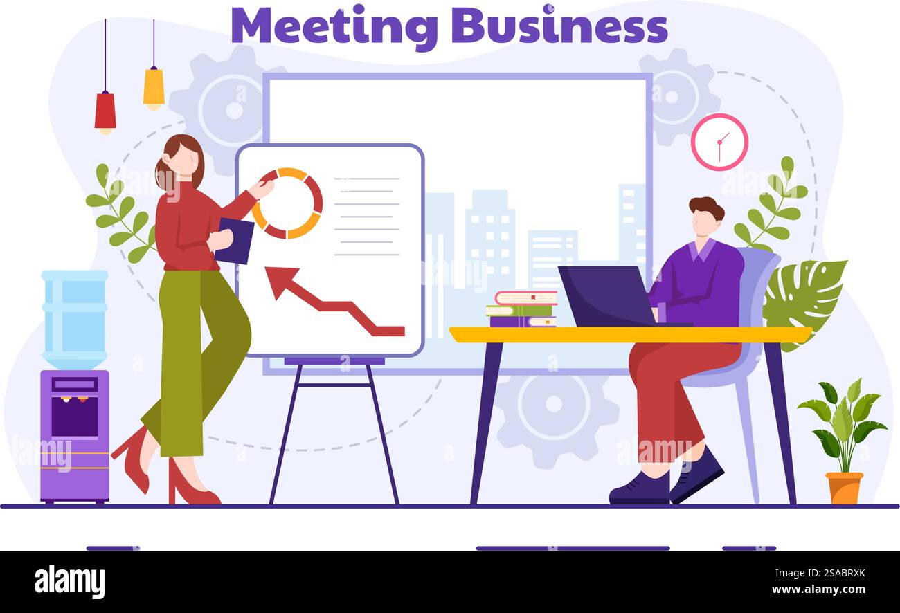 Business Meeting Vector Illustration with Businessman and Employees on ...