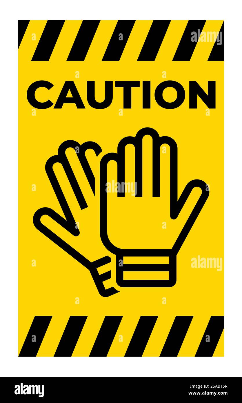 Bright yellow caution sign featuring gloves as a safety reminder for ...