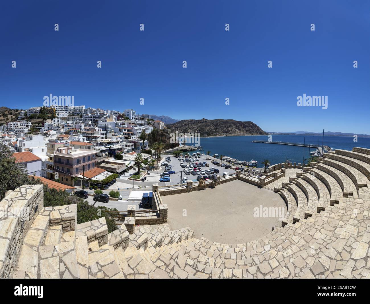 Amphitheatre with harbour of Agia Galini, South Crete, Crete, Greece ...