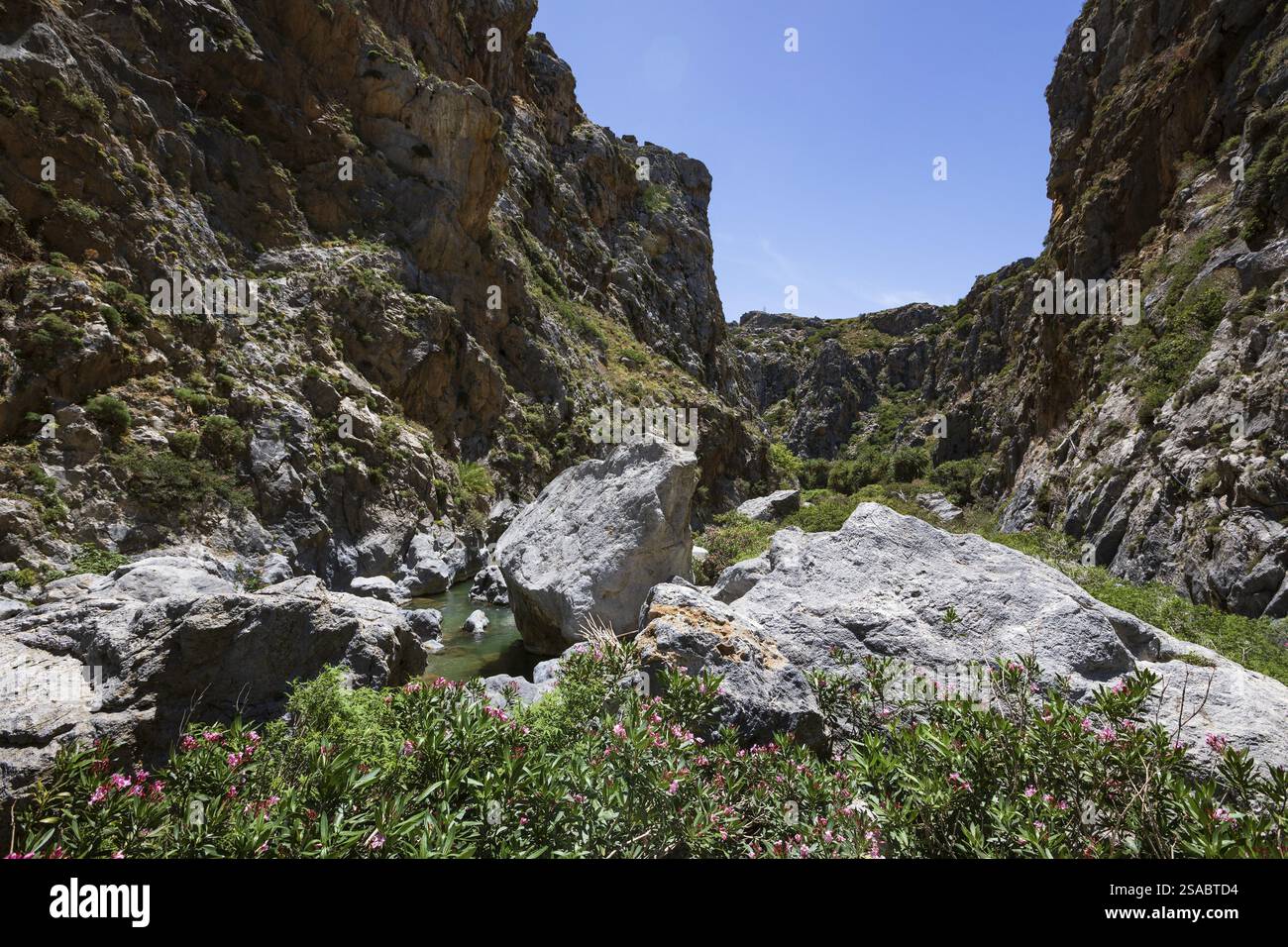 River flows through the Kourtaliatiko Gorge, Preveli Beach, south coast ...