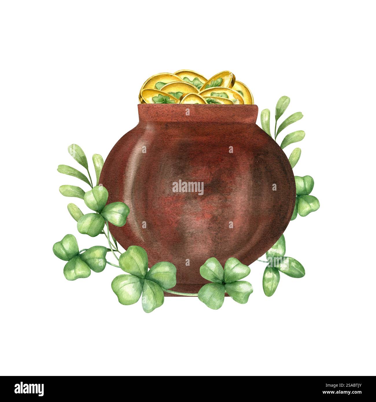 Watercolor leprechaun pot of gold coins with lucky clover leaves ...