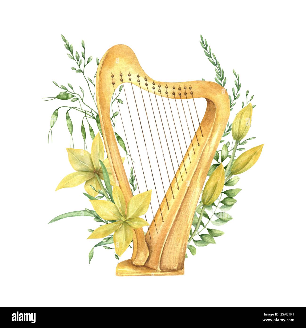 Watercolor classical wooden musical string harp intertwined with yellow ...
