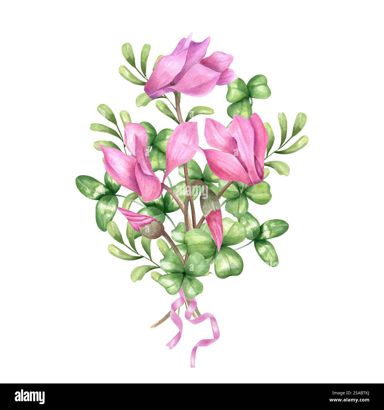 Spring flowers, clover leaves bouquet with ribbon watercolor ...