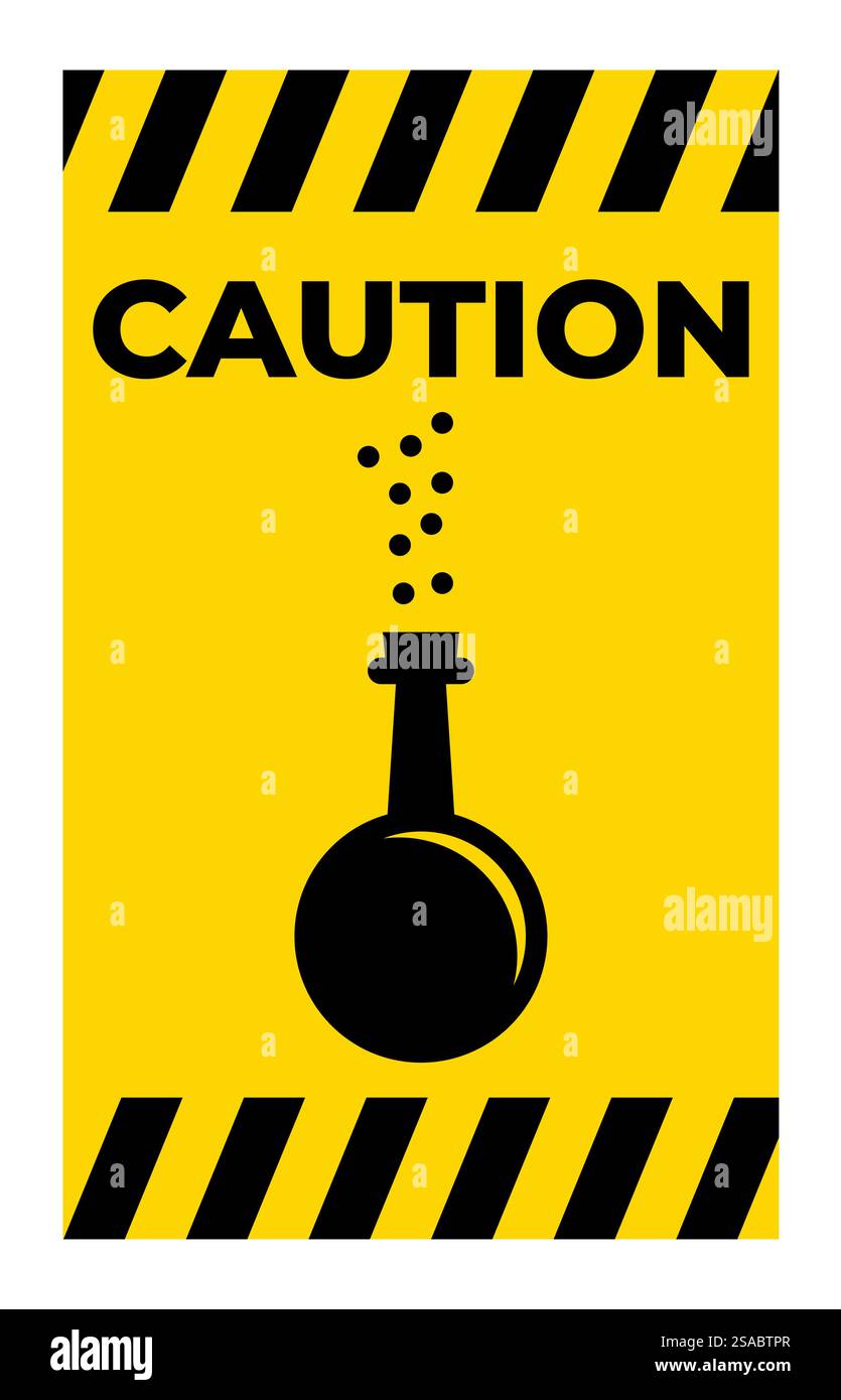 Bold yellow caution sign featuring a chemical flask emitting bubbles ...