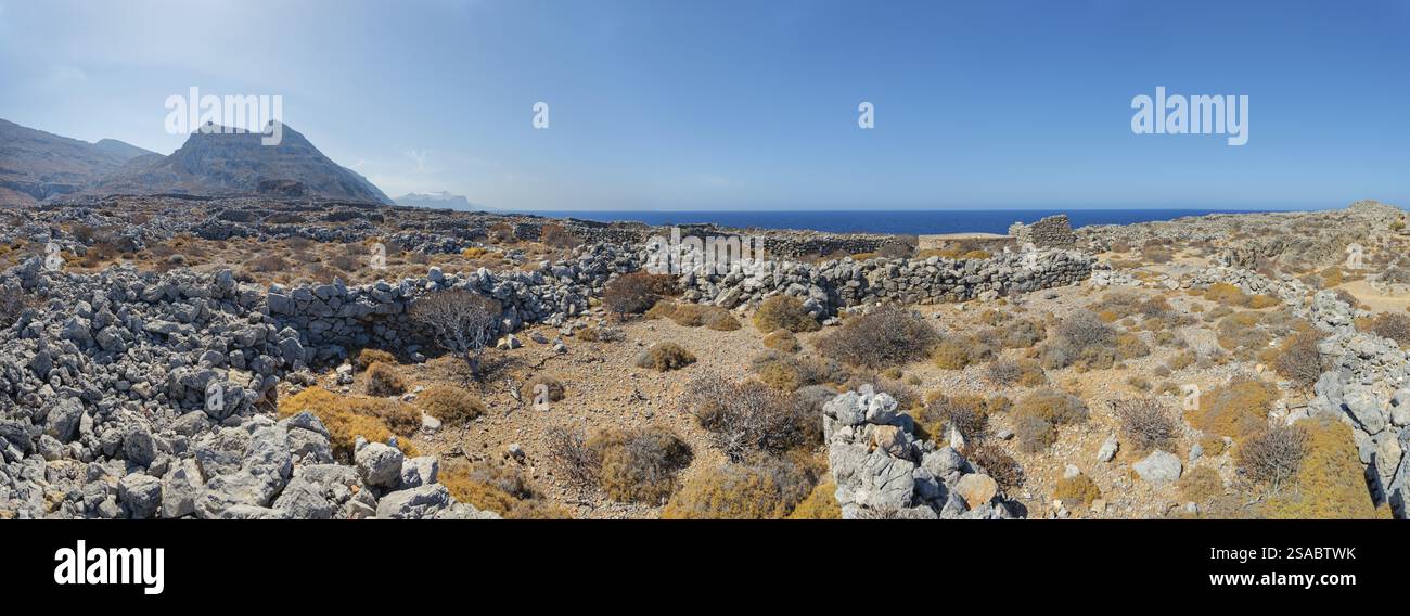 Stone ruins of the ancient Dorian city of Vrougounda in an arid ...