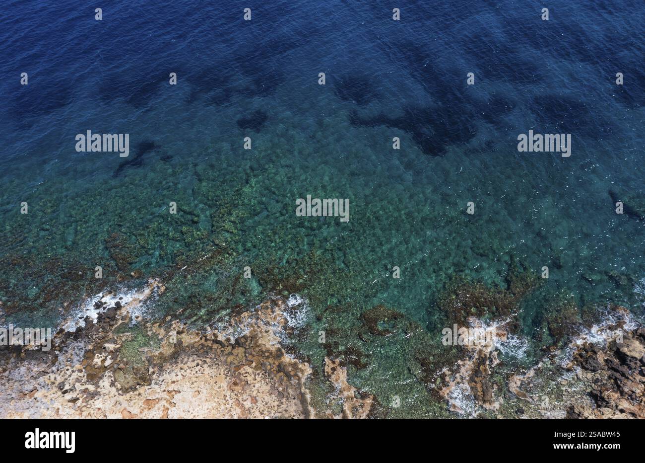 Drone shot, rocky coast with surf at Afrata, West Crete, Crete, Greece ...