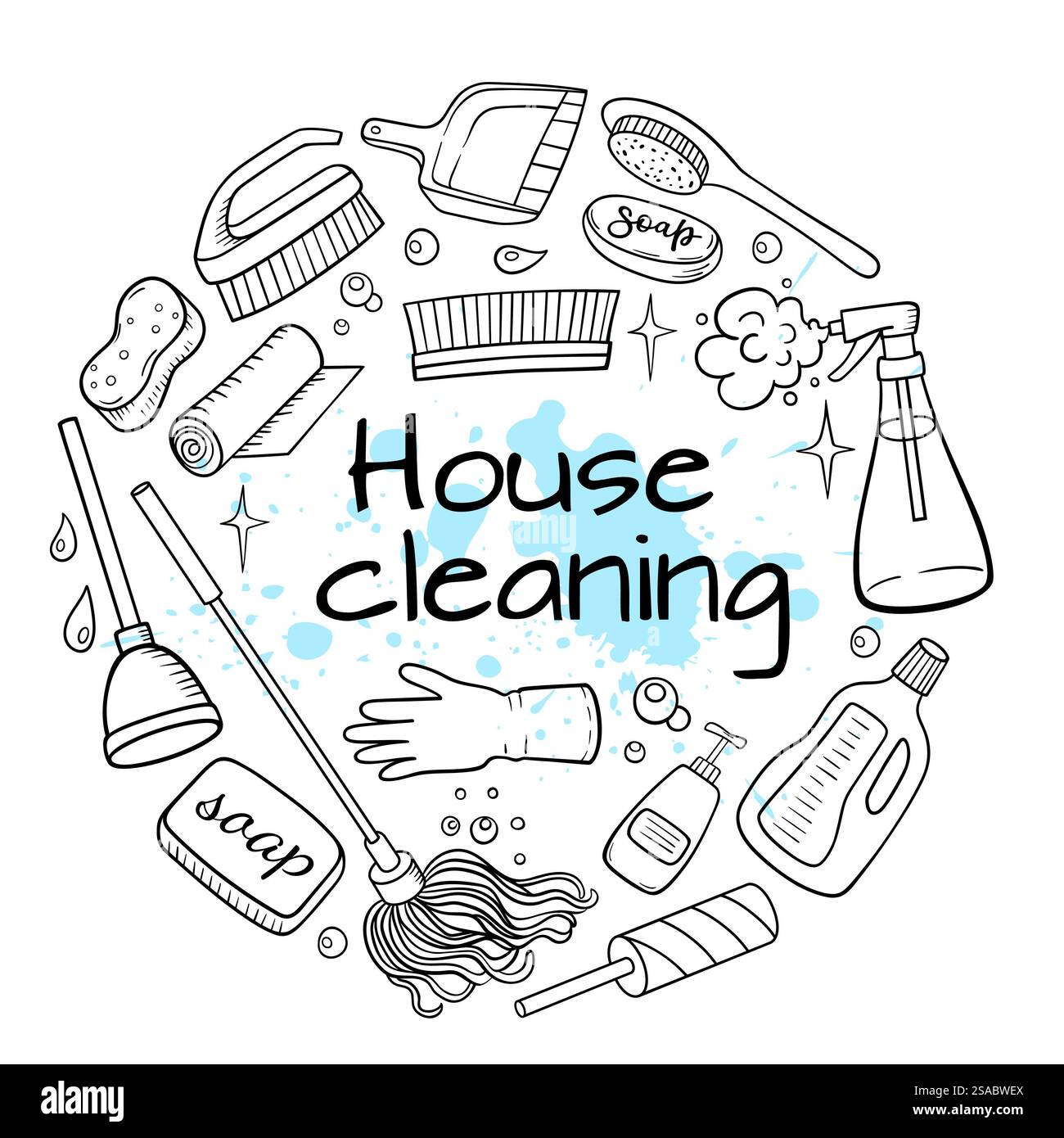 Hand drawn doodle house cleaning round banner. Cleaning service Stock ...