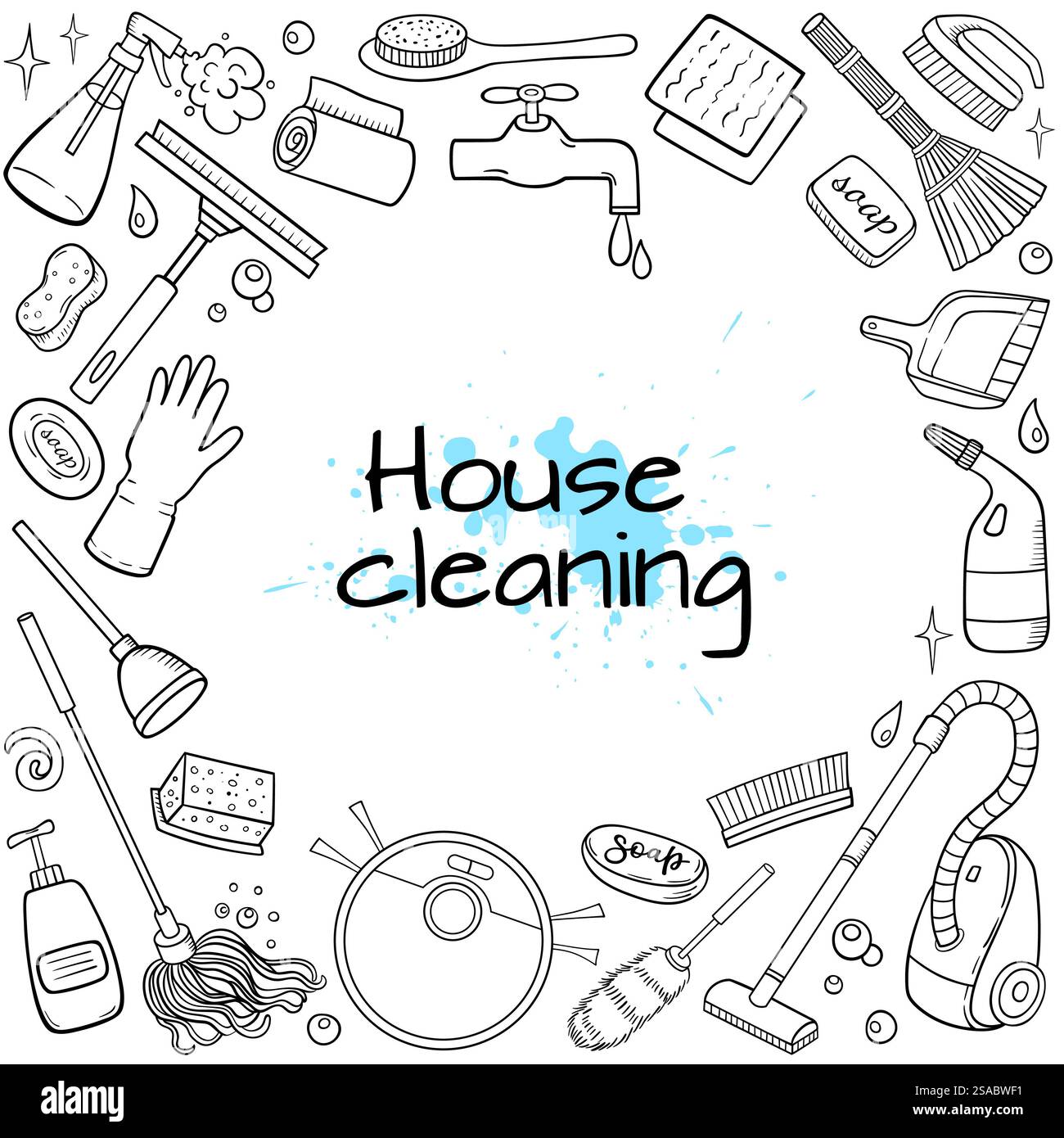 Hand drawn doodle background with house cleaning tools Stock Photo - Alamy