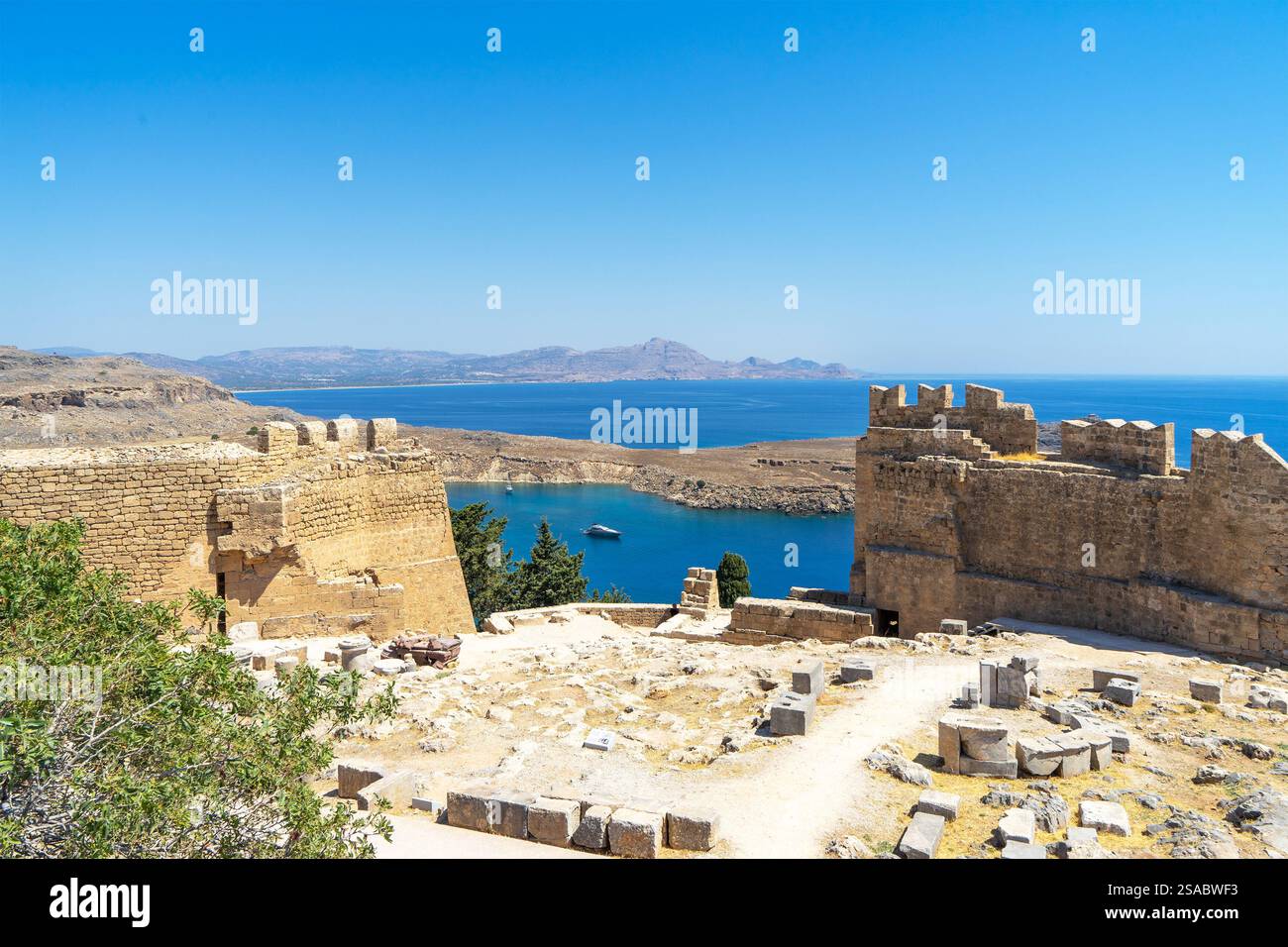 View of the summit of the Acropolis and ruins of Lindos, archaeological ...