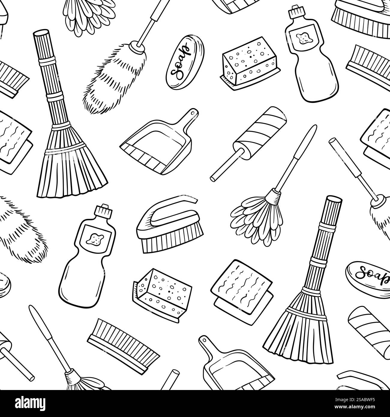 Seamless pattern with cleaning tools, soap, broom, brushes and ...