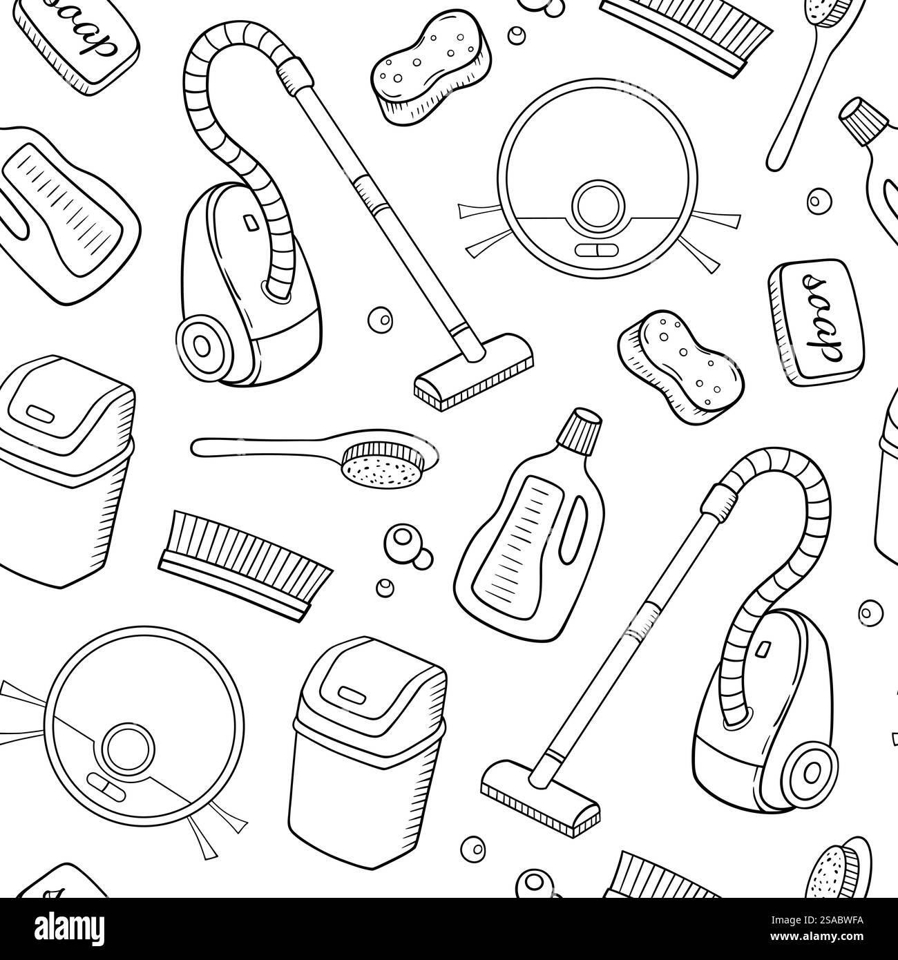 Seamless pattern with cleaning tools, vacuum cleaner and detergents ...