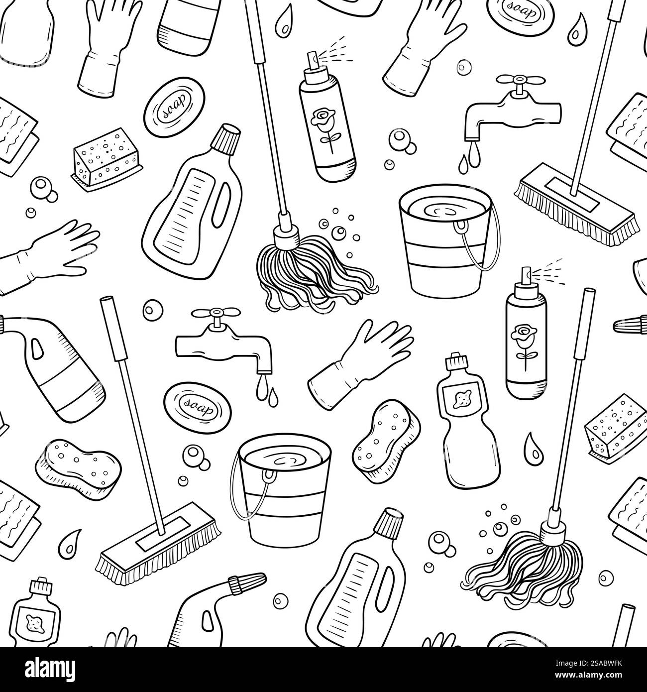 Seamless pattern with cleaning tools, soap, mop, brushes and detergents ...