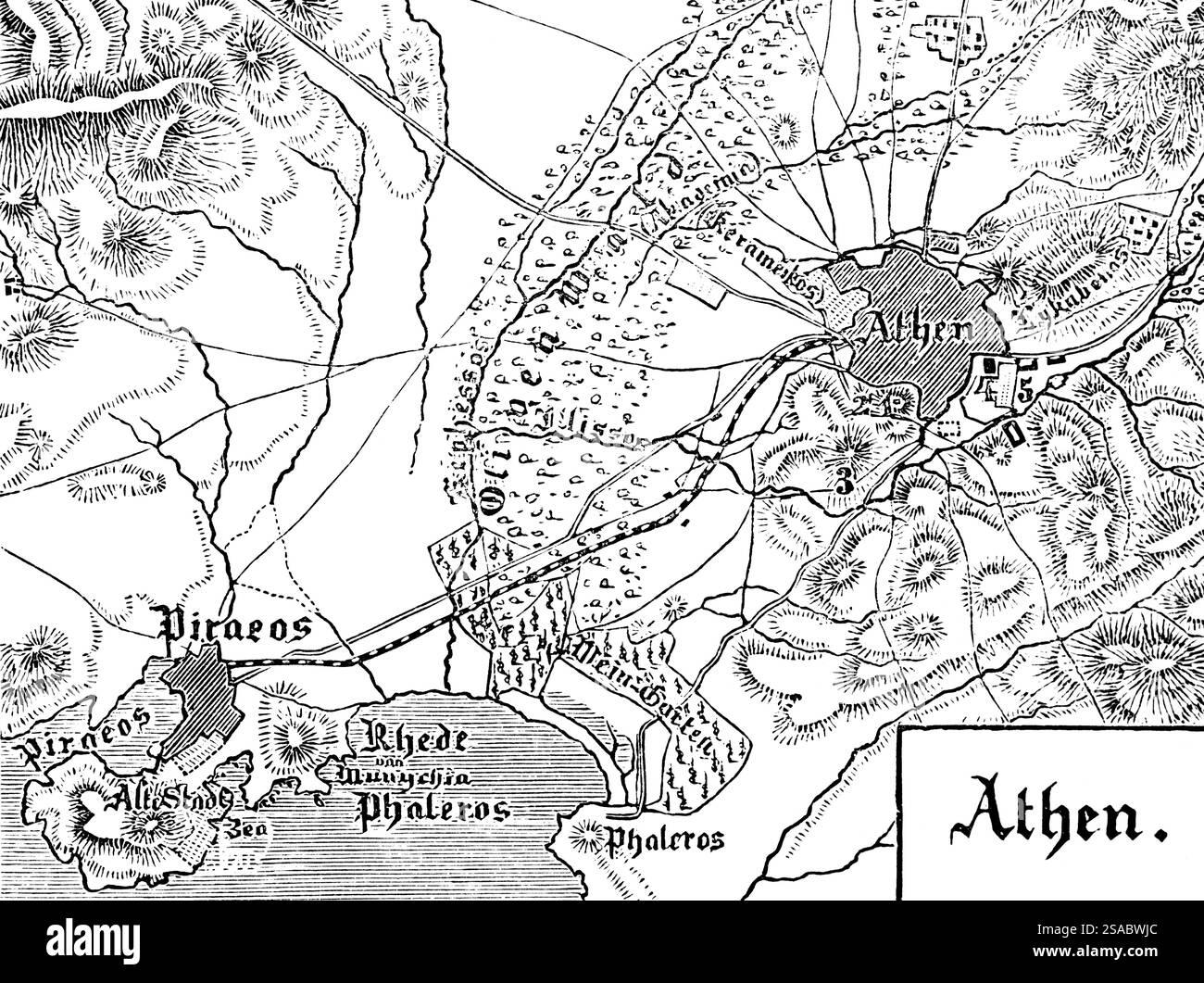 Topographical map of Athens with surroundings and the harbour town of ...