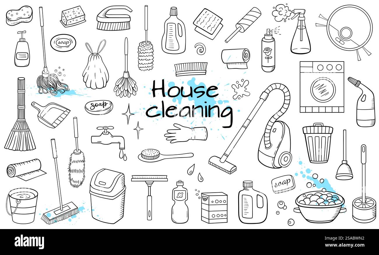 Hand drawn vector doodle set of cleaning tools on a white background ...