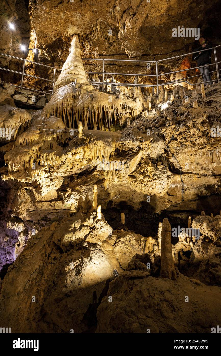 Stalagmites and stalactites in a cave, Devil's Cave Pottenstein ...