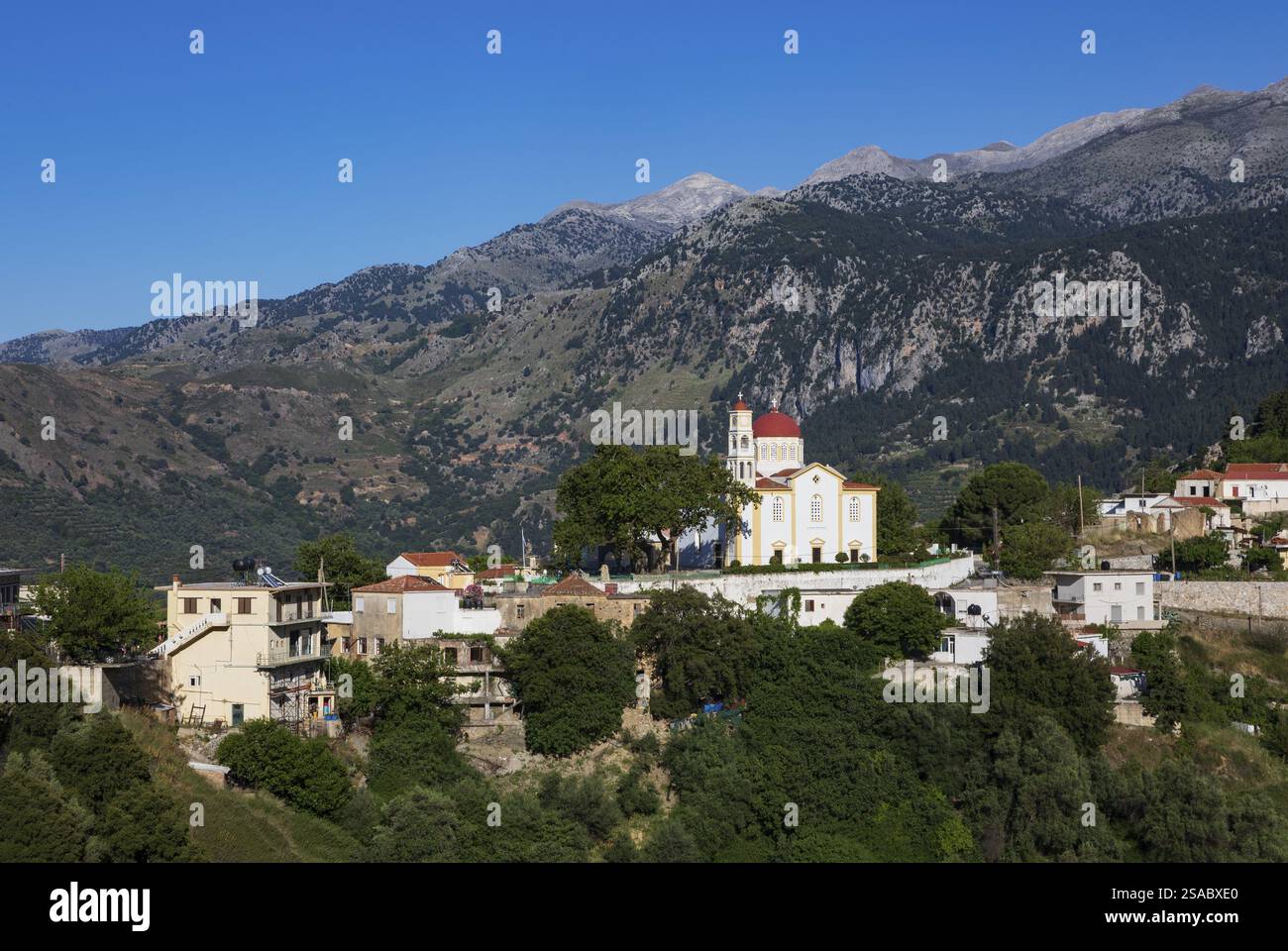 Mountain village of Lakkoi with Agios Antonios church, Crete, Greece ...