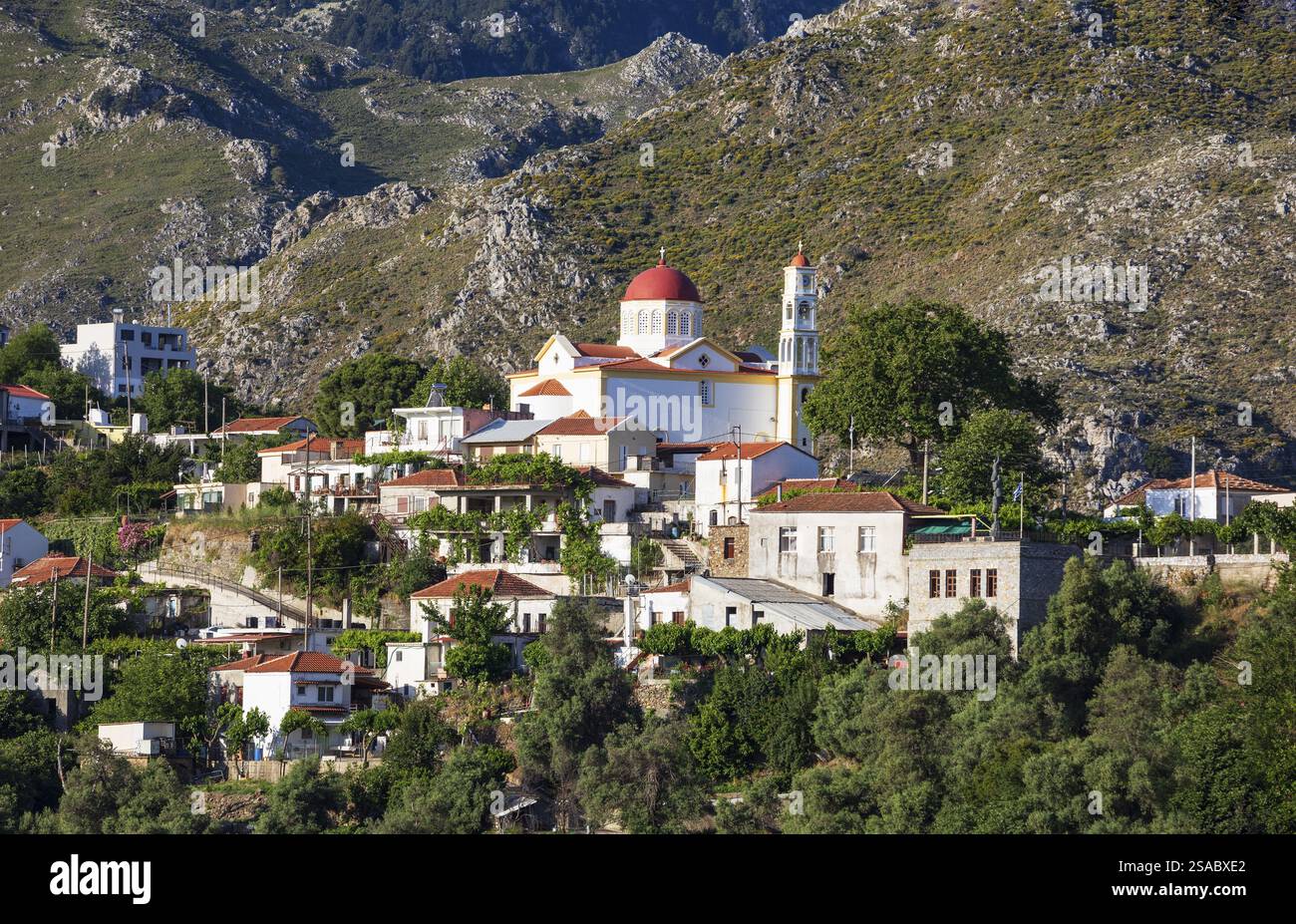 Mountain village of Lakkoi with Agios Antonios church, Crete, Greece ...