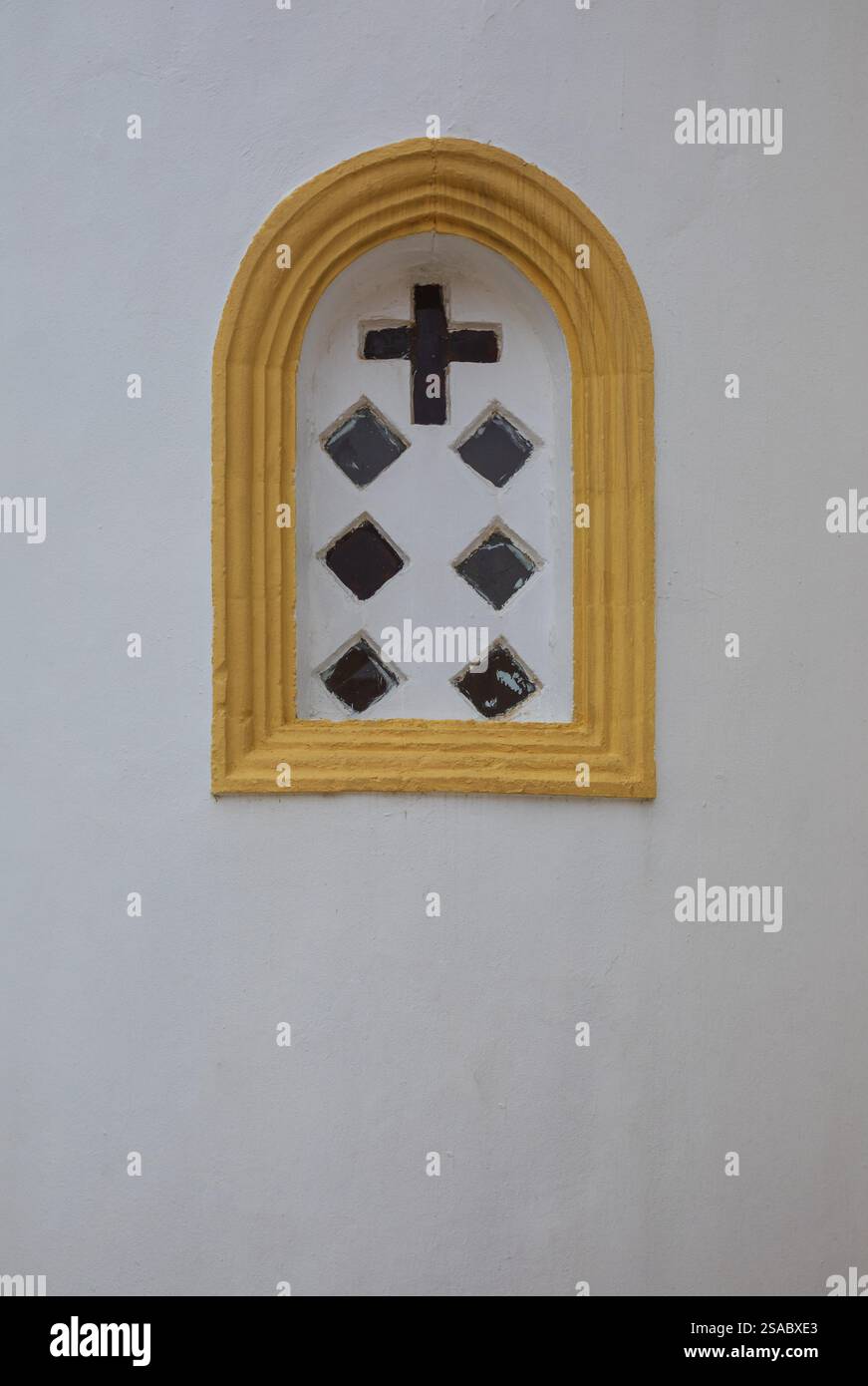 Mountain village Lakkoi with Agios Antonios church, church window ...