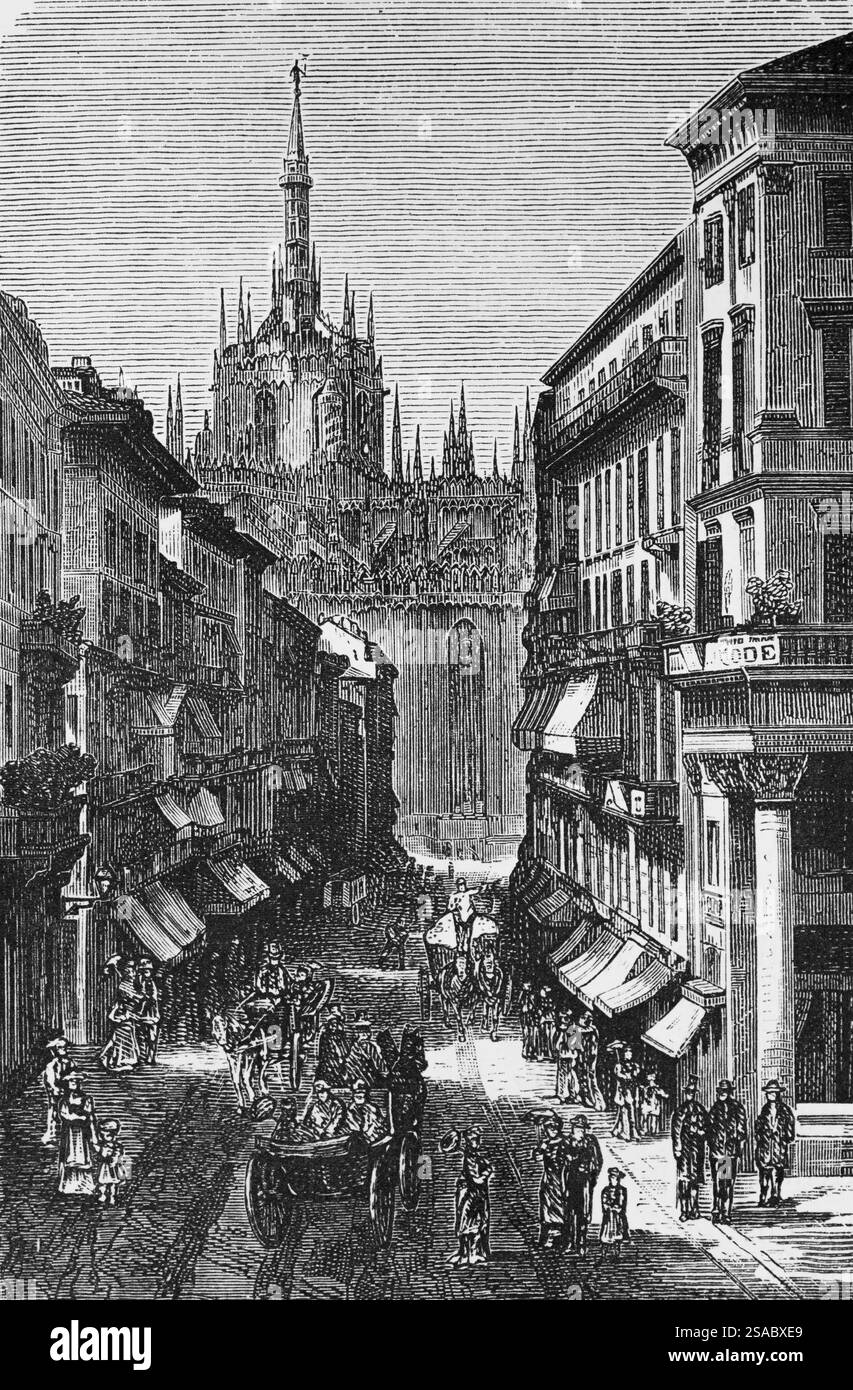 Shopping street with cathedral in Milan, trade, crowd, sun protection ...