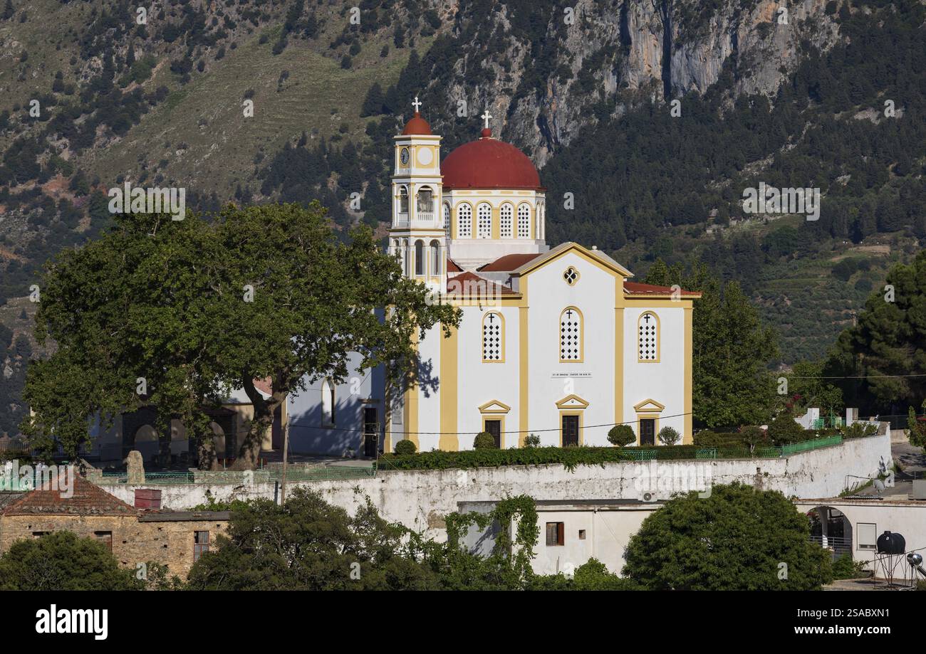 Mountain village of Lakkoi with Agios Antonios church, Crete, Greece ...