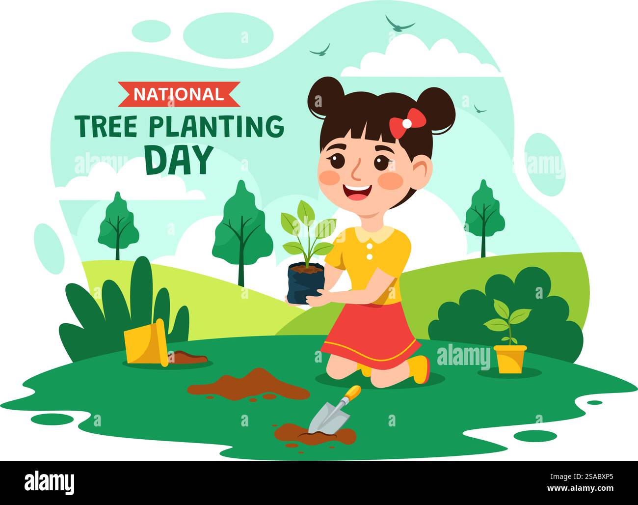 National Tree Planting Day Vector Illustration with Kids Plant Seedling ...