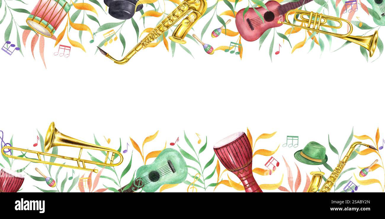 Watercolor carnival music percussion, string and wind instruments ...