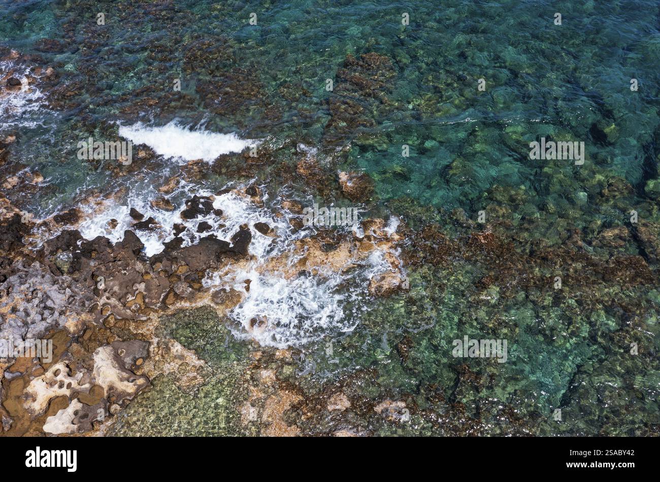 Drone shot, rocky coast with surf at Afrata, West Crete, Crete, Greece ...