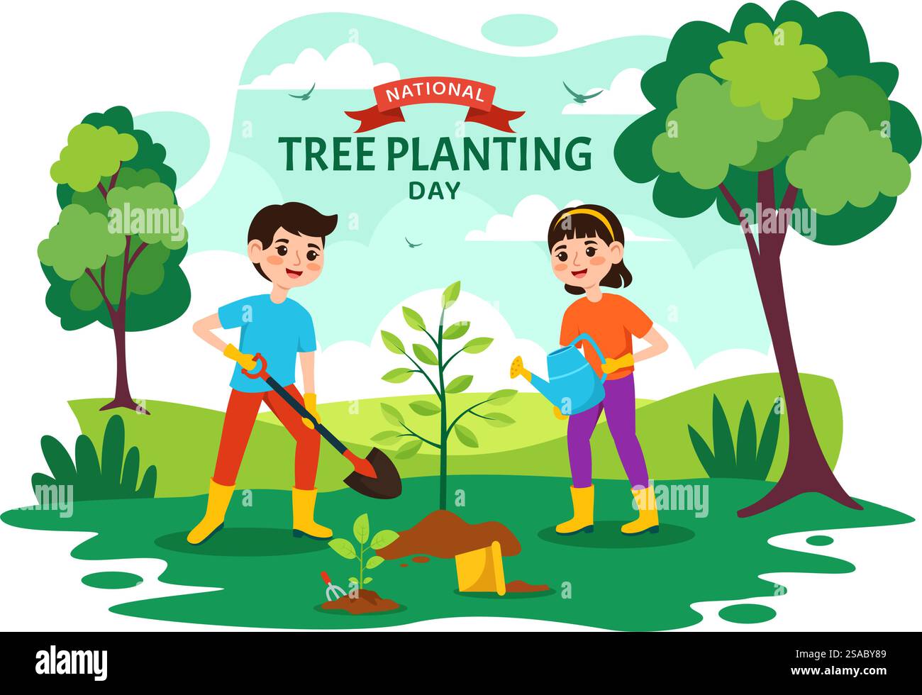National Tree Planting Day Vector Illustration with Kids Plant Seedling ...