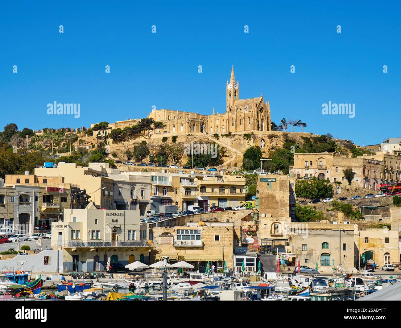 Panoramic view of the old harbour in Xlendi town on the island of Gozo ...