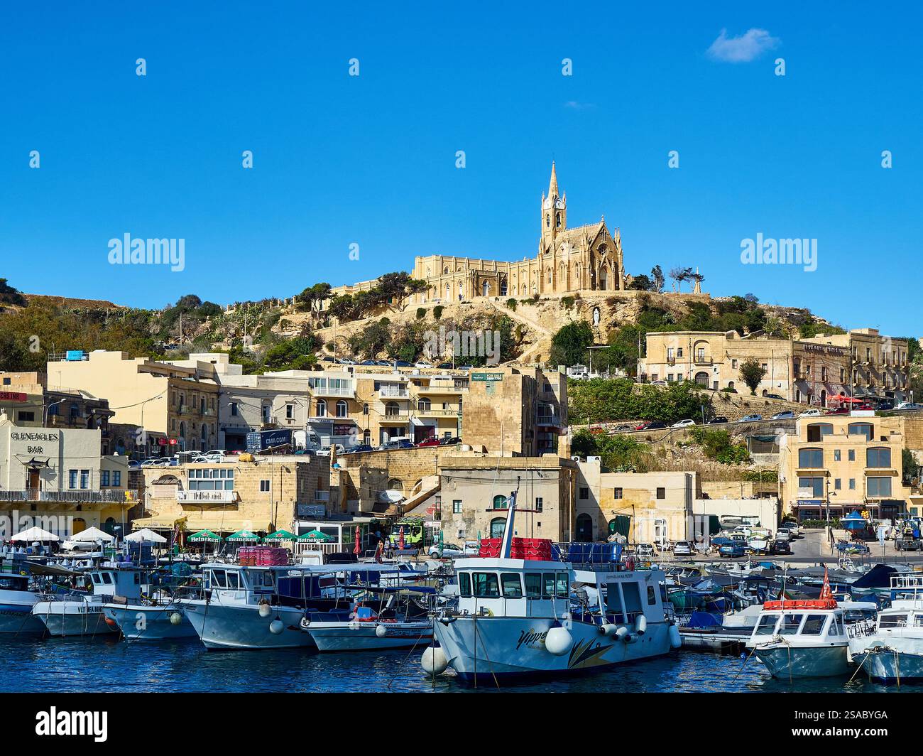 Panoramic view of the old harbour in Xlendi town on the island of Gozo ...