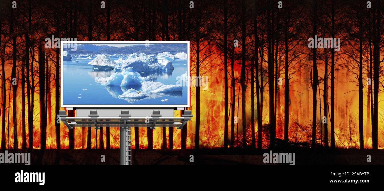 Symbolic image, forest fire, billboard with icebergs and polar bear ...