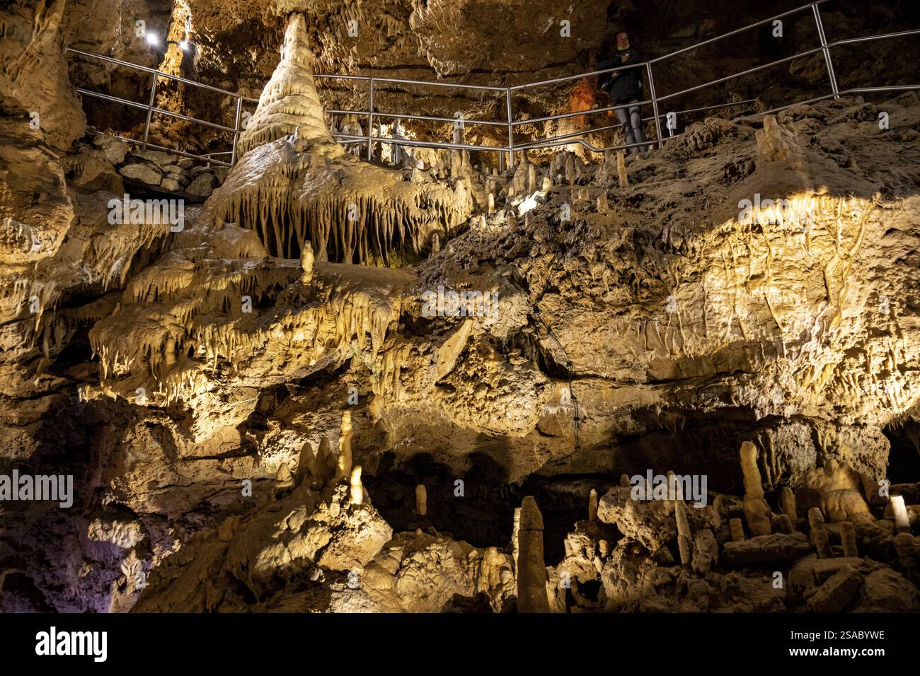 Stalagmites and stalactites in a cave, Devil's Cave Pottenstein ...