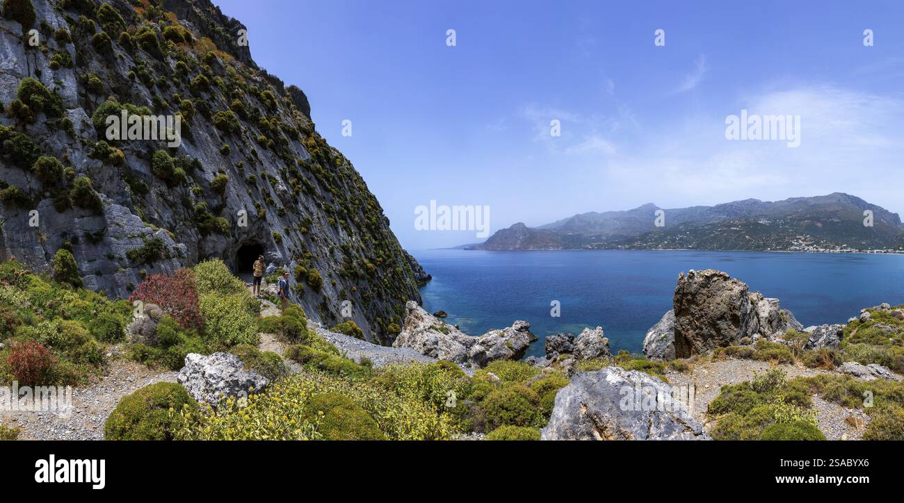 Hikers on the Sarella peninsula near Plakias, south coast, Crete ...