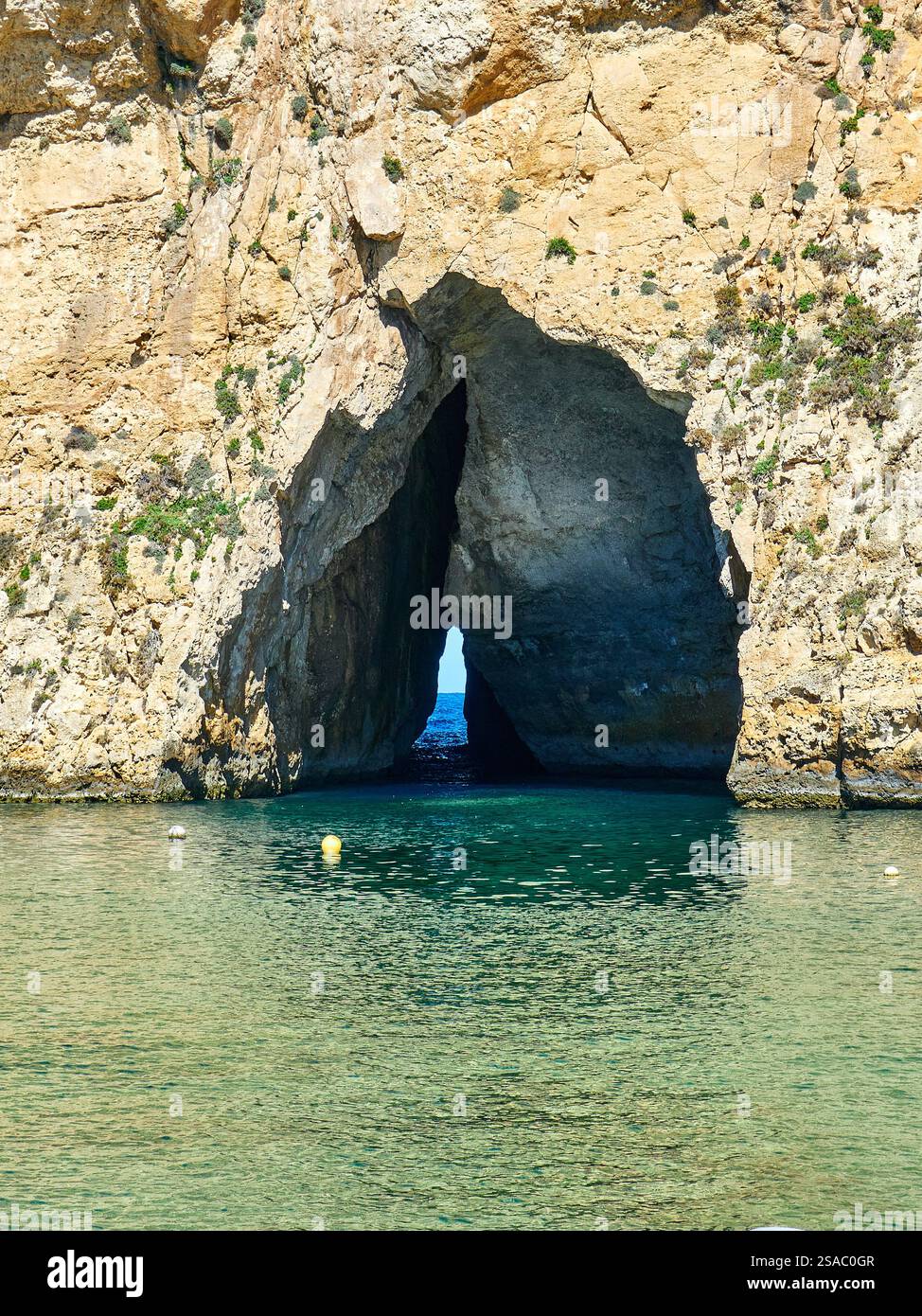View of the Inland Sea and a cave on the island of Gozo, Malta Stock ...