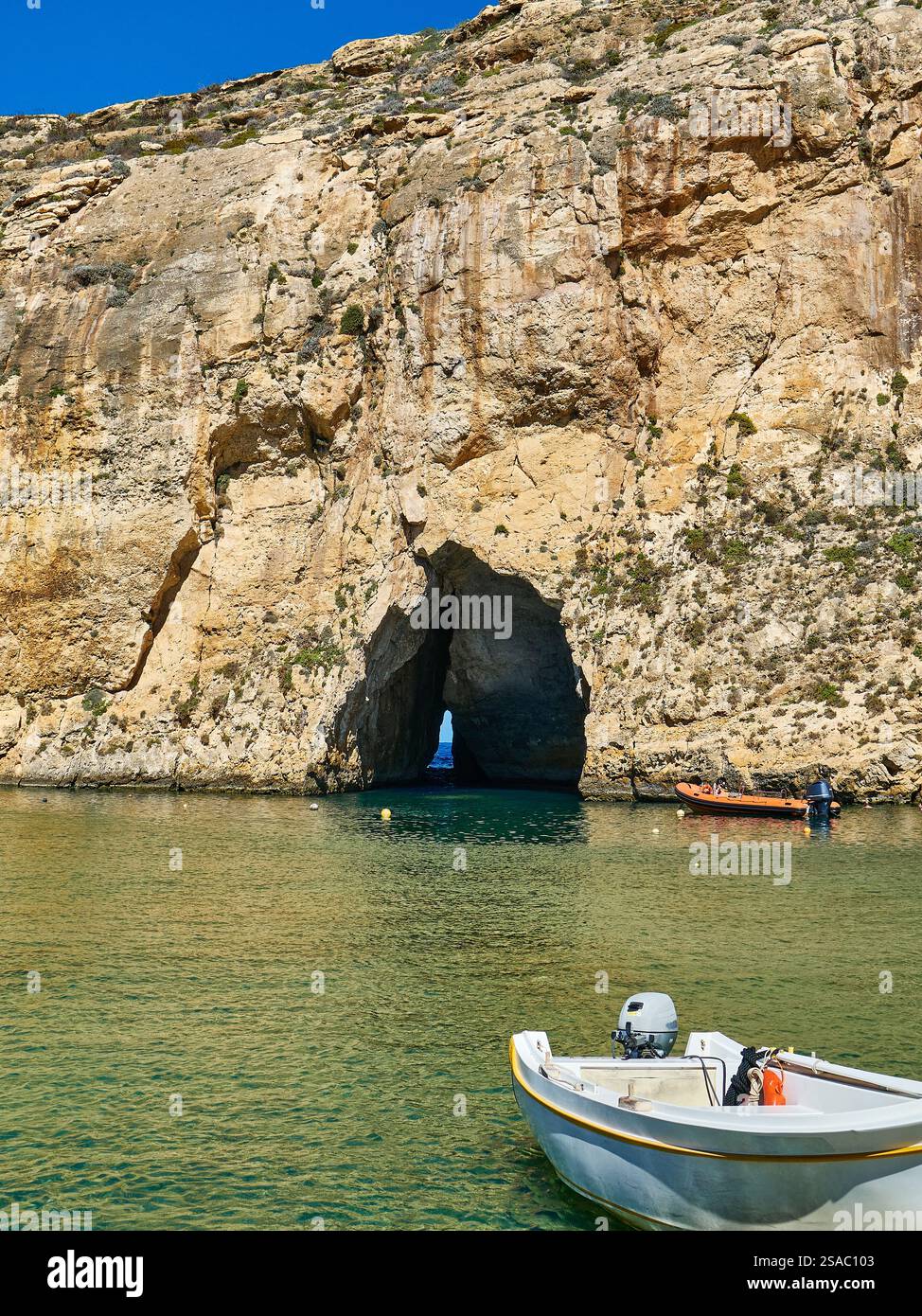 View of the Inland Sea and a cave on the island of Gozo, Malta Stock ...