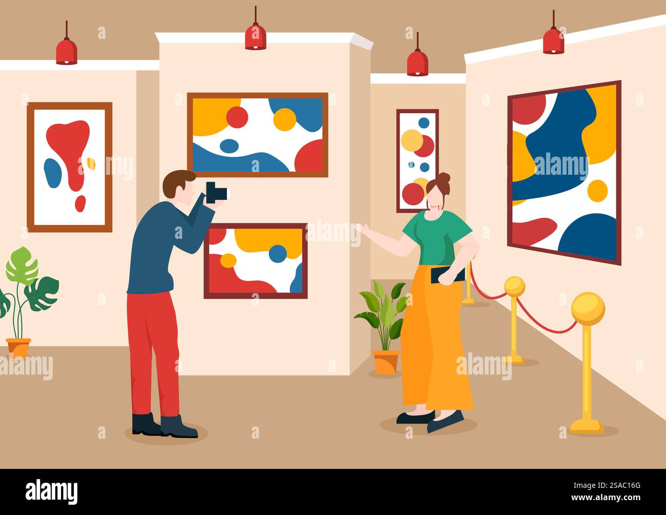 Exhibition Visitors Viewing a Gallery with Modern Abstract Painting at ...