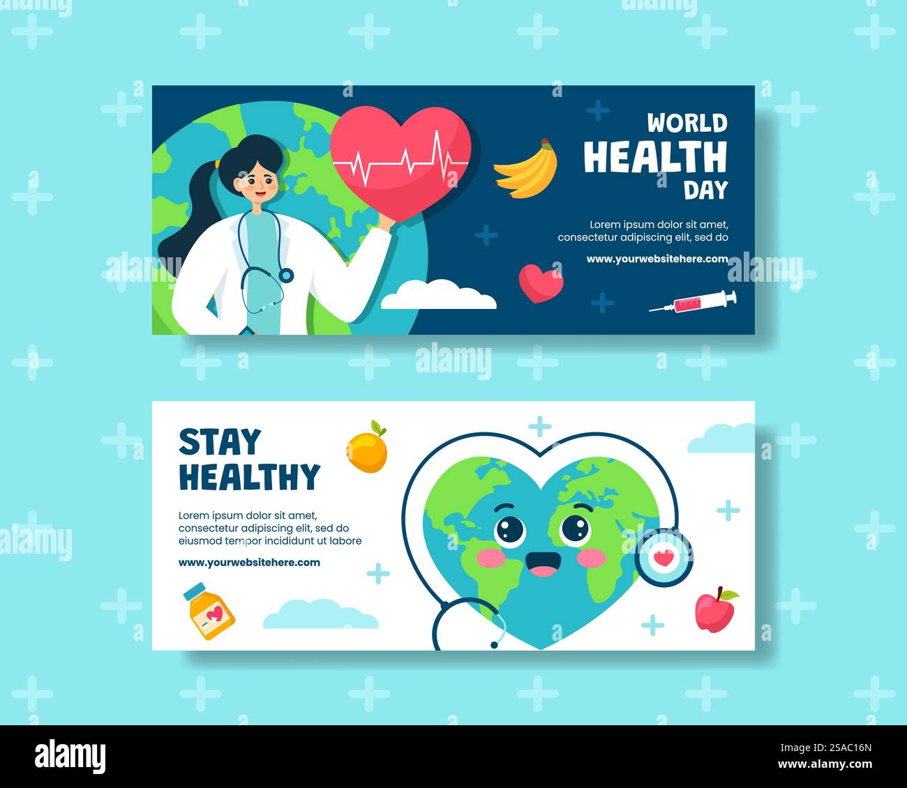 Health Day Horizontal Banner Flat Cartoon Hand Drawn Templates ...