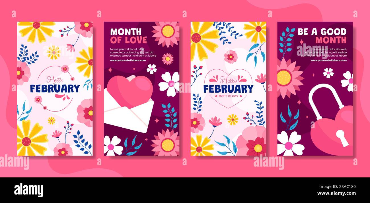 Hello February Social Media Stories Flat Cartoon Hand Drawn Templates ...