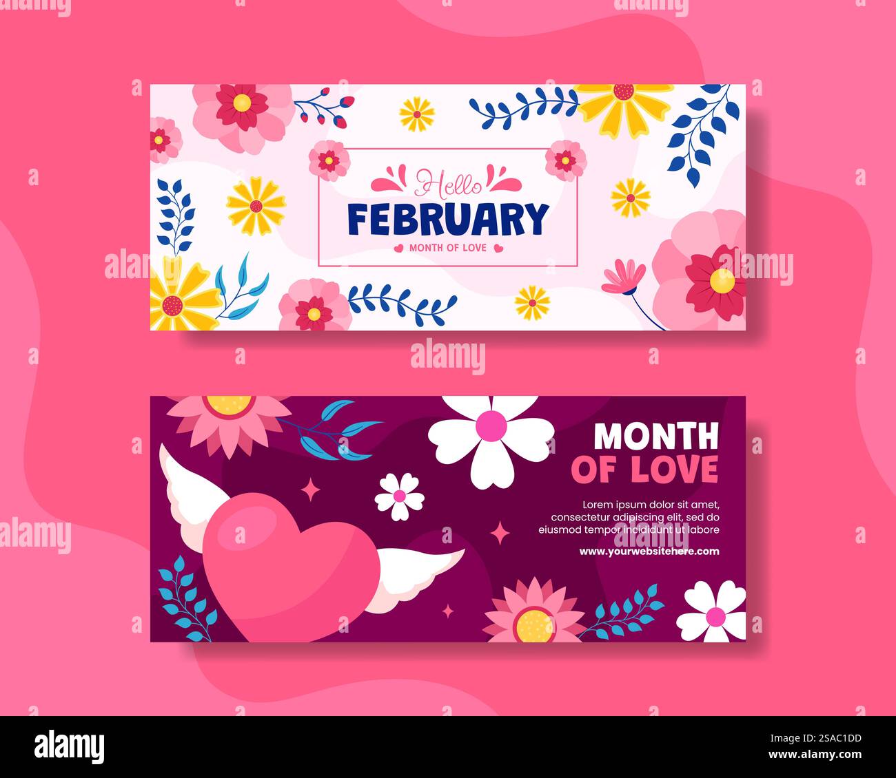 Hello February Horizontal Banner Flat Cartoon Hand Drawn Templates ...