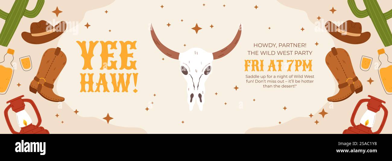A colorful Wild West-themed party invitation design featuring cowboy ...