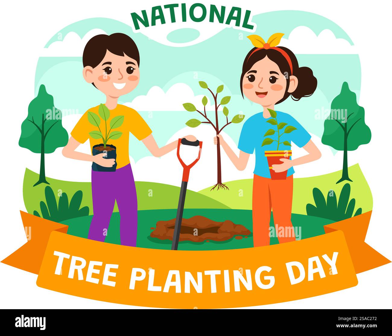 National Tree Planting Day Vector Illustration with Kids Plant Seedling ...