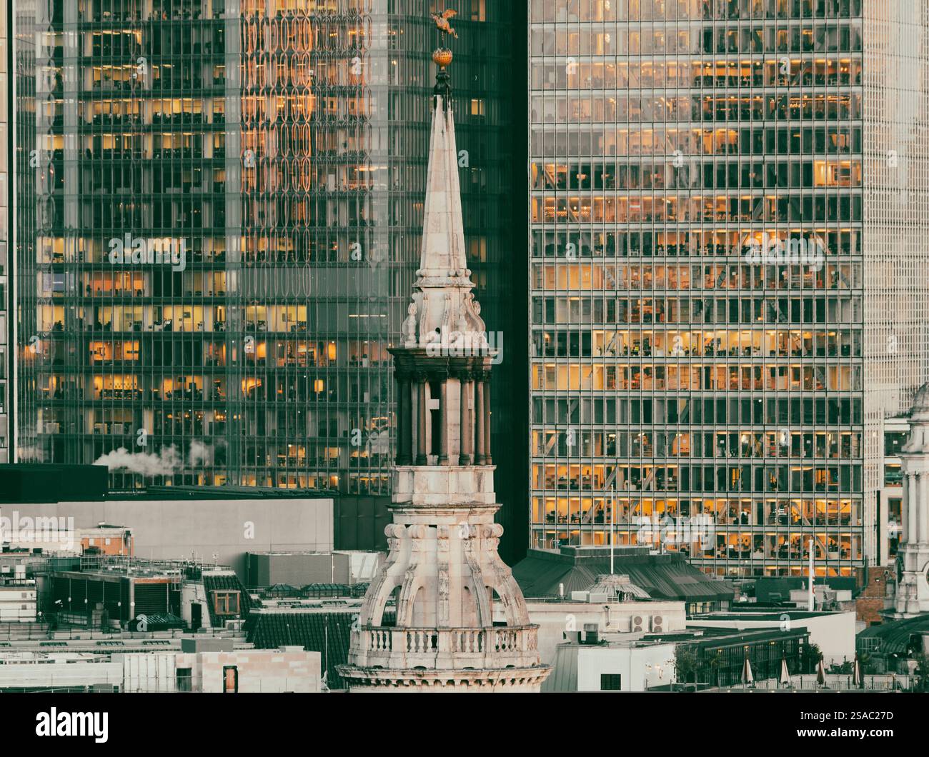 Church of St Mary-le-Bow Spire, Nighttime, City of London Skyscrapers ...