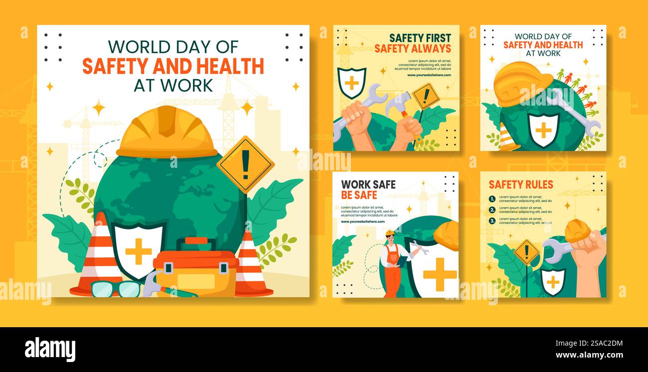 Safety and Health at Work Day Social Media Post Cartoon Templates ...